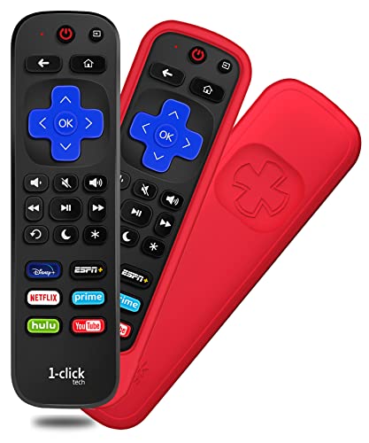 [w/Cover] 1-clicktech Remote for All Roku TV w/ 12 Opt. APPs, for TCL Roku/Hisense Roku/Onn Roku/Sharp Roku/All Built-in Roku TVs, or Roku Box【NOT for Stick】(Remote + Red Cover)