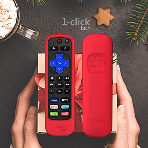 [w/Cover] 1-clicktech Remote for All Roku TV w/ 12 Opt. APPs, for TCL Roku/Hisense Roku/Onn Roku/Sharp Roku/All Built-in Roku TVs, or Roku Box【NOT for Stick】(Remote + Red Cover)