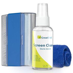 greatshield universal screen cleaning kit, microfiber cloth + 2 sided brush + non-streak solution spray [for tv, laptops, pc monitors, smartphones, tablets, camera, keyboard and other electronics]