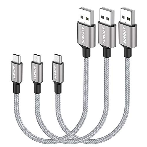 SUNGUY Short Micro USB Cable 1.5ft [3-Pack], Nylon Braided USB to Micro USB 2.0 Fast Charging & Data Sync Cord for Samsung Galaxy S6 S7, Tab 4, LG, Power Bank, Android Phone