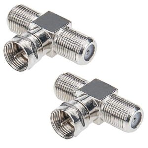 coaxial cable splitter, tv splitter 2 in 1 out 2-pack f type rg6 male to 2 f female 3 way cable splitter coax t connector adapter for video vcr antenna cable satellite