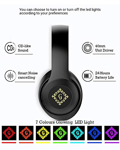 Gdine Bluetooth Headphone w/LED Light, Hi-Fi Stereo Deep Bass Bluetooth 5.0 Headphones, Noise Cancelling, Built-in Mic, Protein Earpads, Foldable & Comfortable Headset for Game, Travel, Home, Office