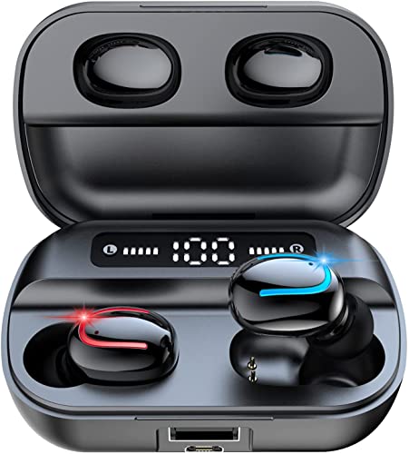 Wireless Earbuds, Bluetooth 5.1 Headphones Wireless Immersive Bass Sound in-Ear Headphones with Noise Cancellation Mic, Waterproof Bluetooth Earphone with Charging Case for Work, Sports (Black)