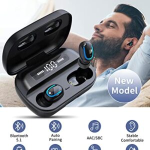 Wireless Earbuds, Bluetooth 5.1 Headphones Wireless Immersive Bass Sound in-Ear Headphones with Noise Cancellation Mic, Waterproof Bluetooth Earphone with Charging Case for Work, Sports (Black)