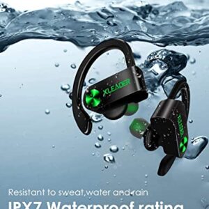 XLEADER Sport3 Pro - Wireless Sports Earbuds IPX7 Waterproof Bluetooth Earphones in Ear with Led Display Charging Case Noise Cancelling Deep Bass Earphones with Mic for Running Workout Gym Green