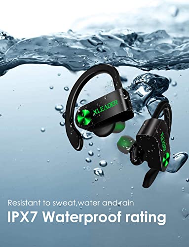 XLEADER Sport3 Pro - Wireless Sports Earbuds IPX7 Waterproof Bluetooth Earphones in Ear with Led Display Charging Case Noise Cancelling Deep Bass Earphones with Mic for Running Workout Gym Green