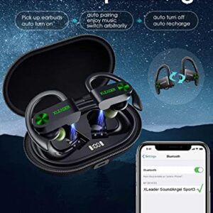 XLEADER Sport3 Pro - Wireless Sports Earbuds IPX7 Waterproof Bluetooth Earphones in Ear with Led Display Charging Case Noise Cancelling Deep Bass Earphones with Mic for Running Workout Gym Green