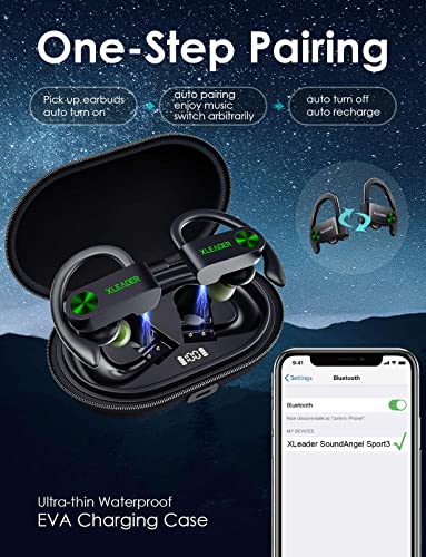 XLEADER Sport3 Pro - Wireless Sports Earbuds IPX7 Waterproof Bluetooth Earphones in Ear with Led Display Charging Case Noise Cancelling Deep Bass Earphones with Mic for Running Workout Gym Green