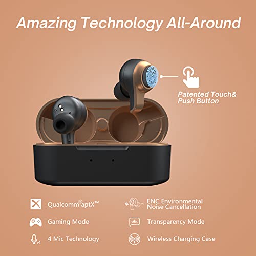 Jabees] Firefly Vintage Bluetooth Wireless Gaming Earbuds - Noise Cancelling Waterproof Headphones with 4 Mic for Call & Music - 40Hr Playtime with Charging Case, Low Latency, aptX, ENC(Bronze)