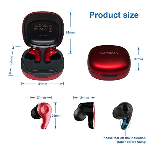 Soiedroo Red Bluetooth Wireless Earbuds Deep Bass Headphone with Dual Mic, CVC8.0 Noise Cancelling Earphone 3D Stereo Sound,Crystle Clear Phone Call Voice with Wireless Fast Charging…