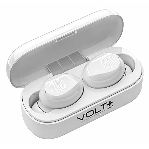 VOLT+ Plus TECH Slim Travel Wireless V5.1 Earbuds Compatible with Oppo Reno 9 Pro+ Updated Micro Thin Case with Quad Mic 8D Bass IPX7 Waterproof/Sweatproof (White)