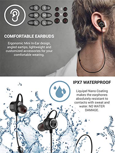 Bluetooth Earbuds Wireless Magnetic Headset Sport Earphones for Running IPX7 Waterproof Headphones 10 Hours Playtime High Fidelity Stereo Sound and Noise Cancelling Mic 1 Hour Recharge Black