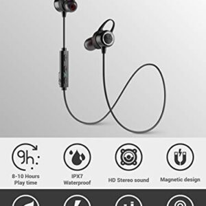 Bluetooth Earbuds Wireless Magnetic Headset Sport Earphones for Running IPX7 Waterproof Headphones 10 Hours Playtime High Fidelity Stereo Sound and Noise Cancelling Mic 1 Hour Recharge Black