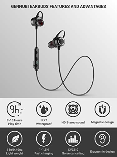 Bluetooth Earbuds Wireless Magnetic Headset Sport Earphones for Running IPX7 Waterproof Headphones 10 Hours Playtime High Fidelity Stereo Sound and Noise Cancelling Mic 1 Hour Recharge Black