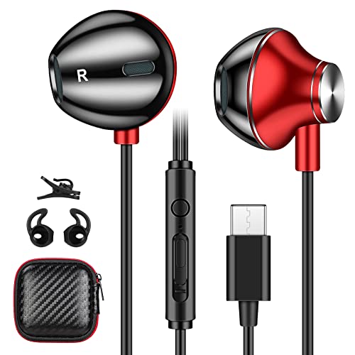 HoneyAKE USB Type C Headphone Earbuds, Digital USB-C Earphones with Microphone (Mic) in-Ear Wired Volume Remote Control Super Bass for Samsung Galaxy Note 8 S21 S20 iPad Pro Pixel 5 4 3 OnePlus Red