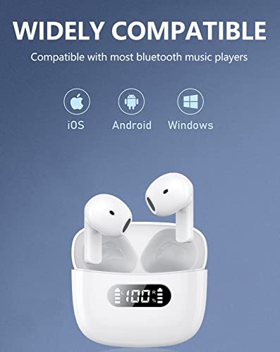 Bluetooth Headphones Wireless Earbuds for iPhone/Android, Noise Cancelling Immersive Waterproof Wireless Earphones with Charging Case Compatible with iPhone 14/13/12/11/SE/X/8/7/iPad/Android - White