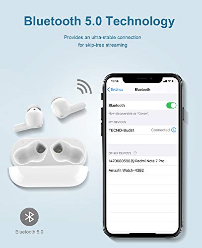 TECNO True Wireless Bluetooth Earbuds, Wireless in Ear Headphones with Charging Case, Wireless Bluetooth Headphones Noise Cancelling, IPX5 Waterproof and Deep Bass for Sports Buds1 White