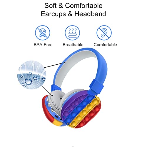 eDealz Wireless or Wired Bluetooth 5.2 Rechargeable Over The Ear Headphones with Silicone Fidget Pop Bubbles Microphone, Powerful Surround Stereo Bass and Passive Noise Cancelling (Blue)