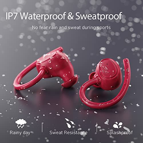 Wireless Earbud, Bluetooth 5.1 Sport Headphones with IP7 Waterproof, 50H Playtime Bluetooth Earbud Noise Cancelling with Hi-Fi Stereo and Built-in Mic,Running Earphones with Earhooks for Workout Red