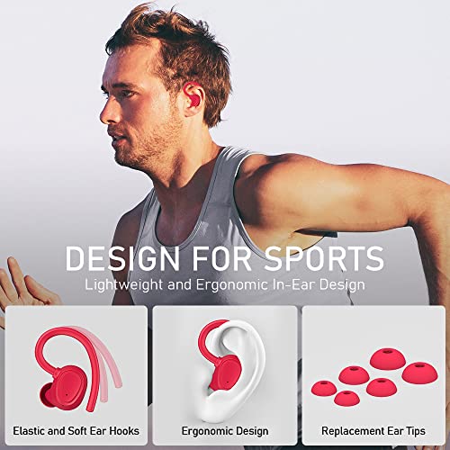 Wireless Earbud, Bluetooth 5.1 Sport Headphones with IP7 Waterproof, 50H Playtime Bluetooth Earbud Noise Cancelling with Hi-Fi Stereo and Built-in Mic,Running Earphones with Earhooks for Workout Red