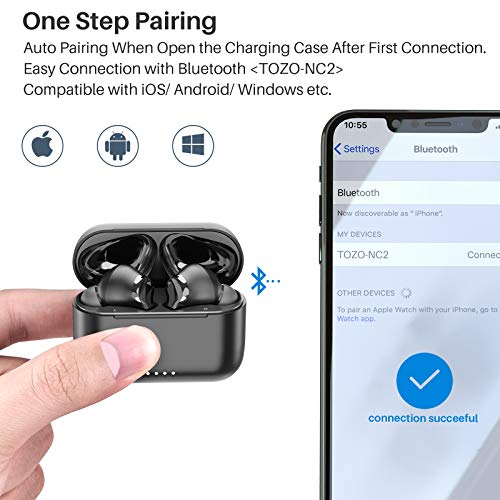 TOZO NC2 Hybrid Active Noise Cancelling Wireless Earbuds, in-Ear Detection Headphones, IPX6 Waterproof Bluetooth 5.2 Stereo Earphones, Immersive Sound Premium Deep Bass Headset, Black