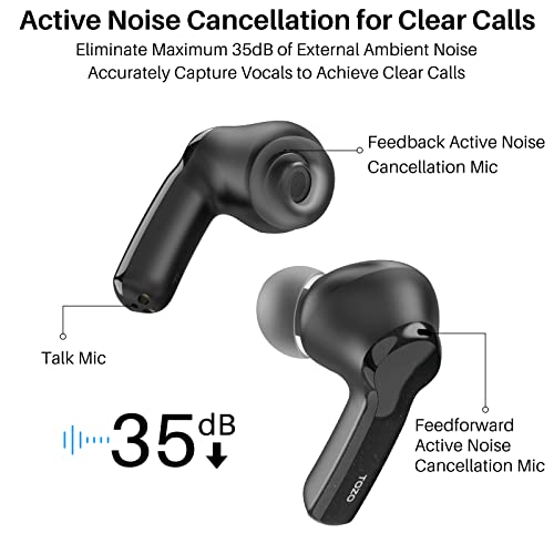 TOZO NC2 Hybrid Active Noise Cancelling Wireless Earbuds, in-Ear Detection Headphones, IPX6 Waterproof Bluetooth 5.2 Stereo Earphones, Immersive Sound Premium Deep Bass Headset, Black