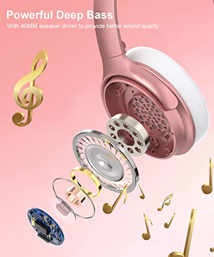 INFURTURE Rose Gold Active Noise Cancelling Headphones with Microphone Wireless Over Ear Bluetooth Headphones, Deep Bass, Memory Foam Ear Cups, Quick Charge 40H Playtime, for TV, Travel, Home Office