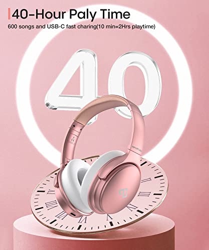 INFURTURE Rose Gold Active Noise Cancelling Headphones with Microphone Wireless Over Ear Bluetooth Headphones, Deep Bass, Memory Foam Ear Cups, Quick Charge 40H Playtime, for TV, Travel, Home Office