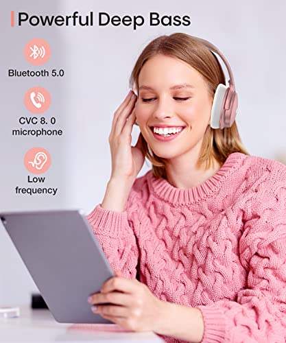 INFURTURE Rose Gold Active Noise Cancelling Headphones with Microphone Wireless Over Ear Bluetooth Headphones, Deep Bass, Memory Foam Ear Cups, Quick Charge 40H Playtime, for TV, Travel, Home Office