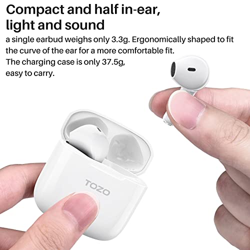 TOZO A3 Wireless Earbuds Bluetooth 5.3 Half in-Ear Lightweight Headsets with Digital Call Noise Reduction,Charging Case with Reset Button Hall Detection,Premium Sound with Long Endurance,White