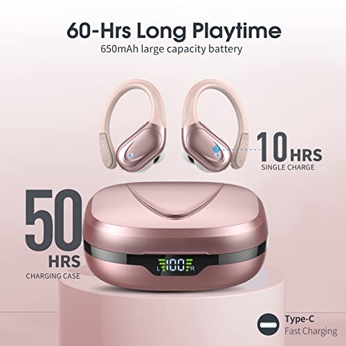 CASCHO Wireless Earbuds, Bluetooth 5.3 Headphones, 60Hrs Playback HD Stereo Audio LED Display, Over-Ear IPX7 Waterproof Earphones with Earhooks, Built-in Mic, Type-C, for Sports (Rose Gold)