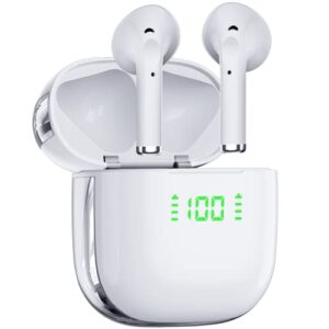 pocbuds bluetooth headphones wireless earbuds 50hrs playtime with wireless charging case dual digital display waterproof immersive stereo in-ear earphones with mic for phone tv computer android white