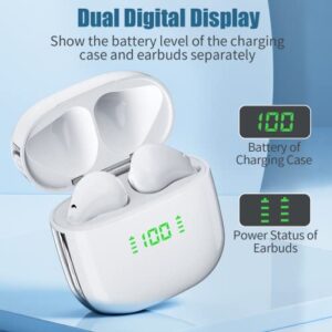 PocBuds Bluetooth Headphones Wireless Earbuds 50Hrs Playtime with Wireless Charging Case Dual Digital Display Waterproof Immersive Stereo in-Ear Earphones with Mic for Phone TV Computer Android White