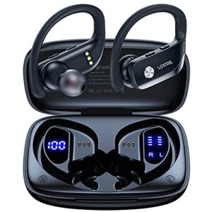 bmanl wireless earbuds bluetooth headphones 48hrs play back sport earphones with led display over-ear buds with earhooks built-in mic headset for workout black bmani-veat00l