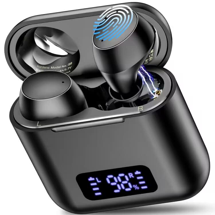 kurdene Wireless Earbuds, Bluetooth Ear Buds with Wireless Charging Case LED Power Display Light-Weight Premium Deep Bass Stereo in-Ear Earphones Built-in Mic 40 hrs Play Time-Black