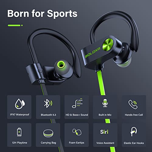 BOLOXA Bluetooth Headphones 5.3 Wireless Earbuds IPX7 Waterproof & 12Hrs Long Battery Over-Ear Stereo Bass Earphones with Earhooks Running Headset with Mic & Storage Bag for Workout Gym Sports Black