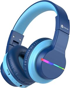 iclever bth12 kids bluetooth headphones,colorful led lights wireless kids headphones,74/85/94db volume limited,55h playtime,bluetooth 5.2,over ear headphones built-in mic for ipad/tablet/airplane,blue