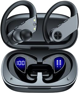 bluetooth headphones wireless earbuds 90h playtime with 2200mah charging case dual digital display ear buds waterproof over ear earphones with earhooks for sport workout laptop tv computer phone black