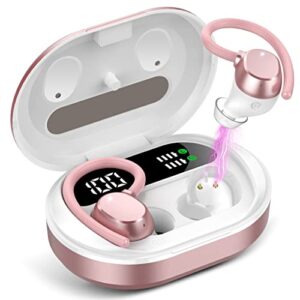 sprtoybat wireless earbuds, hifi stereo bluetooth 5.3 running headphones with dual led display 30hrs playtime, built-in mic, type-c, in-ear bluetooth earphones with earhooks for sport, rose gold