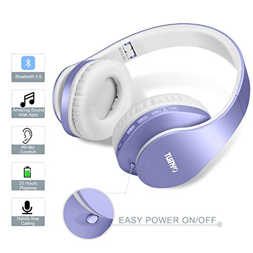 TUINYO Wireless Headphones Over Ear, Bluetooth Headphones with Microphone, Foldable Stereo Wireless Headsetfor Travel Work TV PC Cellphone-Purple