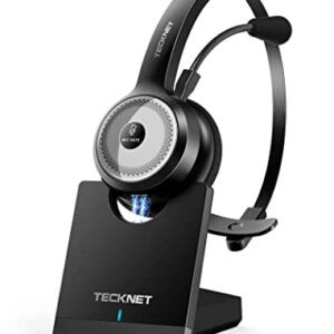 TECKNET Bluetooth 5.0 Wireless Headset with AI Noise Cancelling Microphone and Charging Base for Laptop, On Ear Bluetooth Headphone Telephone Headset for PC, Cell Phone, Skype, All Day Battery Life