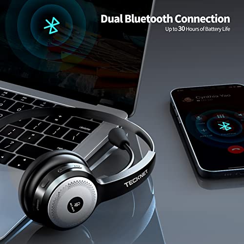 TECKNET Bluetooth 5.0 Wireless Headset with AI Noise Cancelling Microphone and Charging Base for Laptop, On Ear Bluetooth Headphone Telephone Headset for PC, Cell Phone, Skype, All Day Battery Life