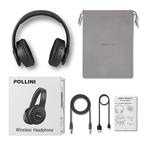 pollini Bluetooth Headphones Wireless, 40H Playtime Foldable Over Ear Headphones with Microphone, Deep Bass Stereo Headset with Soft Memory-Protein Earmuffs for iPhone/Android Cell Phone/PC (Black)