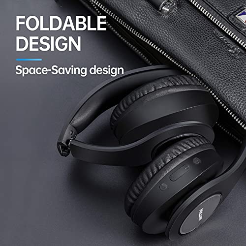 pollini Bluetooth Headphones Wireless, 40H Playtime Foldable Over Ear Headphones with Microphone, Deep Bass Stereo Headset with Soft Memory-Protein Earmuffs for iPhone/Android Cell Phone/PC (Black)