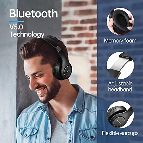 pollini Bluetooth Headphones Wireless, 40H Playtime Foldable Over Ear Headphones with Microphone, Deep Bass Stereo Headset with Soft Memory-Protein Earmuffs for iPhone/Android Cell Phone/PC (Black)