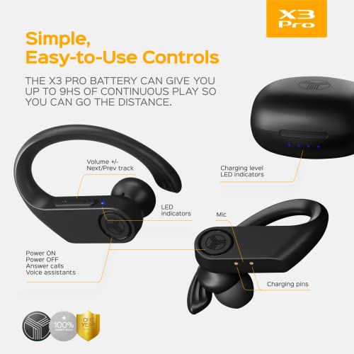 TREBLAB X3 Pro - True Wireless Earbuds with Earhooks - 45H Battery Life, Bluetooth 5.0, IPX7 Waterproof Headphones - TWS Bluetooth Earphones with Charging case for Sport, Running, Workout - Black