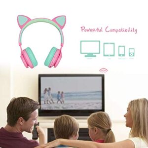 Riwbox CT-7 Cat Ear Bluetooth Headphones, LED Light Up Bluetooth Wireless Over Ear Headphones with Microphone and Volume Control for iPhone/iPad/Smartphones/Laptop/PC/TV (Pink&Green)