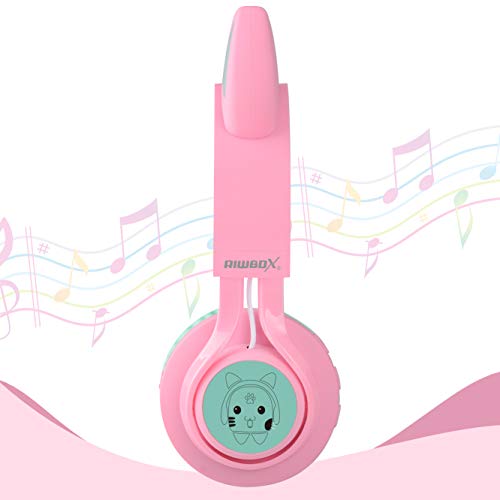 Riwbox CT-7 Cat Ear Bluetooth Headphones, LED Light Up Bluetooth Wireless Over Ear Headphones with Microphone and Volume Control for iPhone/iPad/Smartphones/Laptop/PC/TV (Pink&Green)