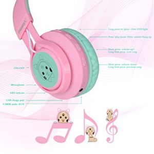 Riwbox CT-7 Cat Ear Bluetooth Headphones, LED Light Up Bluetooth Wireless Over Ear Headphones with Microphone and Volume Control for iPhone/iPad/Smartphones/Laptop/PC/TV (Pink&Green)