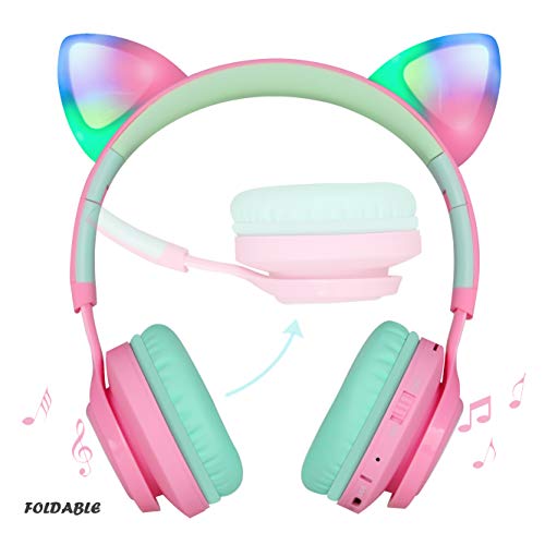 Riwbox CT-7 Cat Ear Bluetooth Headphones, LED Light Up Bluetooth Wireless Over Ear Headphones with Microphone and Volume Control for iPhone/iPad/Smartphones/Laptop/PC/TV (Pink&Green)